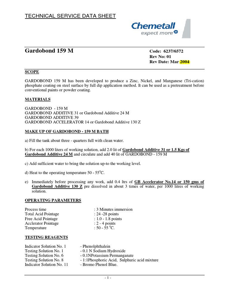 Gardobond 159 M: Technical Service Data Sheet | PDF | Chemistry | Titration