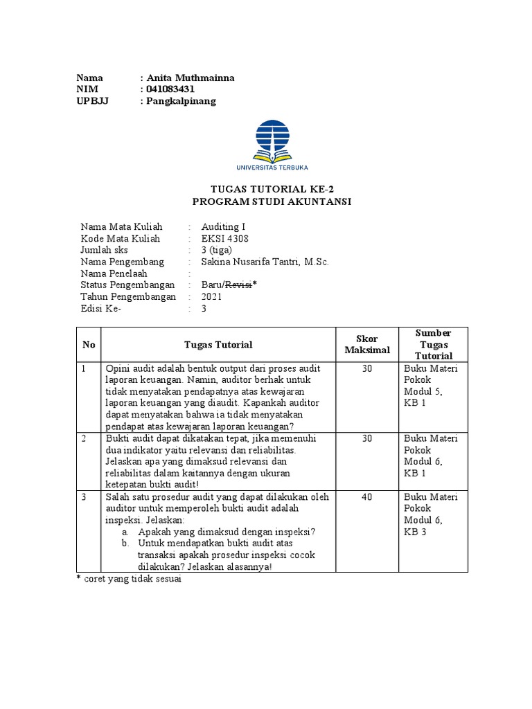 TUGAS TUTORIAL KE-2 Auditing 1 EKSI 4308 | PDF