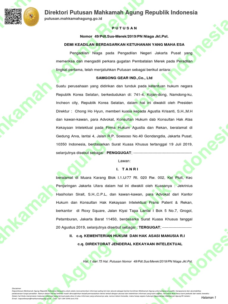 Putusan 49 PDT - Sus-Merek 2019 PN Niaga JKT - PST 20211115 | PDF