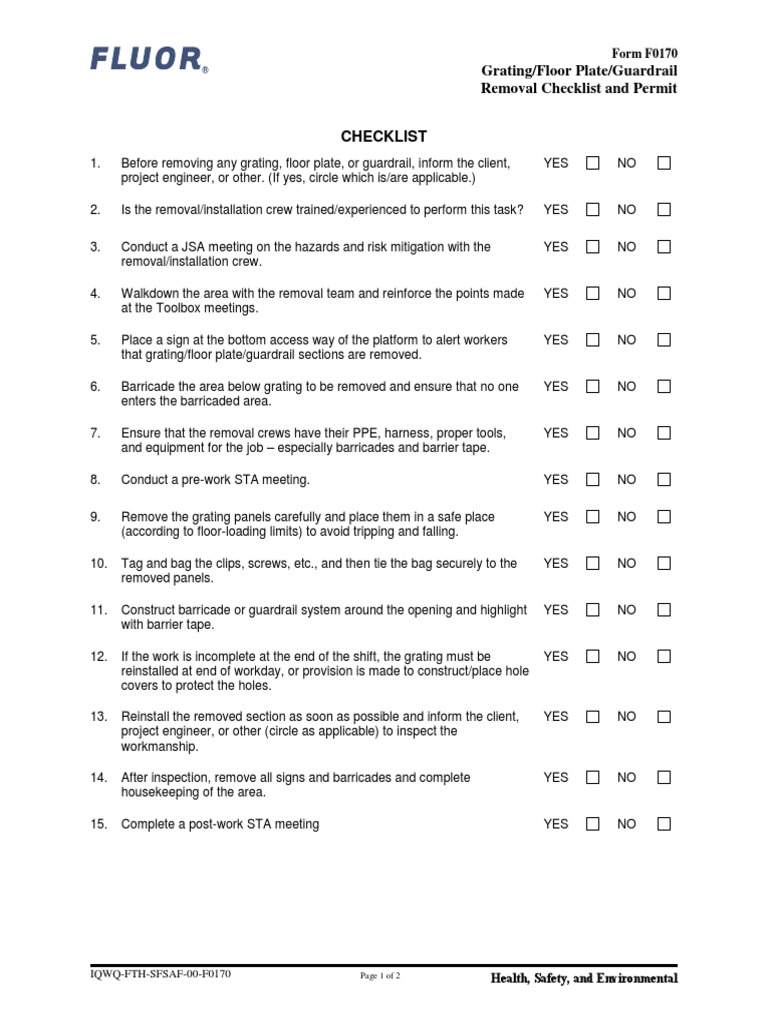 Grating/Floor Plate/Guardrail Removal Checklist and Permit: Form F0170 ...