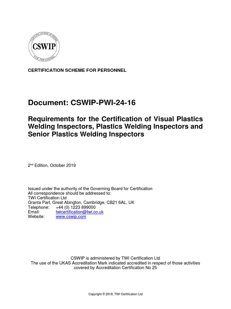 CSWIP PWI 24 16 Plastics Welding Inspector 2nd Edition October 2019 ...