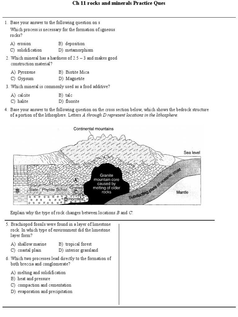 CH 11 Practice Questions SC | PDF | Rock (Geology) | Igneous Rock