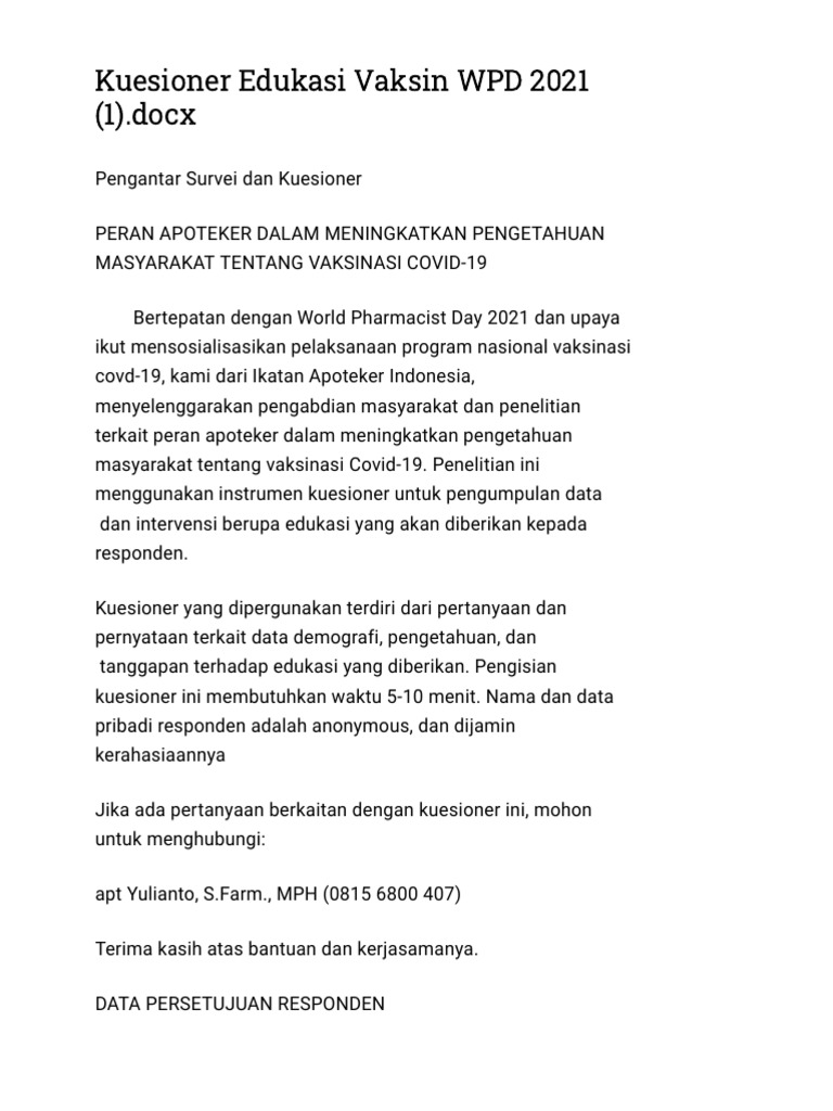 Kuesioner Edukasi Vaksin WPD 2021 | PDF
