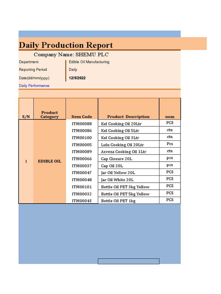 Production Report Template Excel