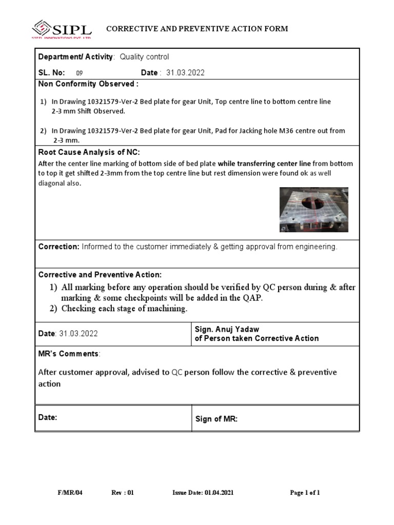 F - MR - 04 Corrective and Preventive Action Form | PDF