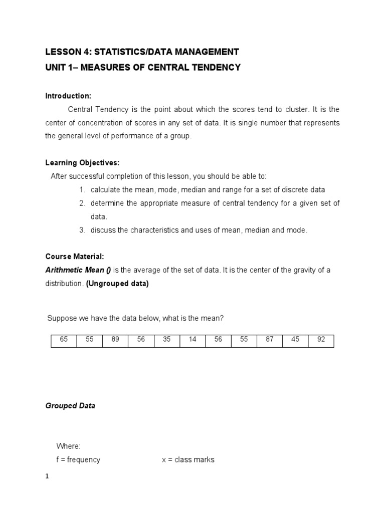 Lesson 4: Statistics/Data Management Unit 1 - Measures of Central ...