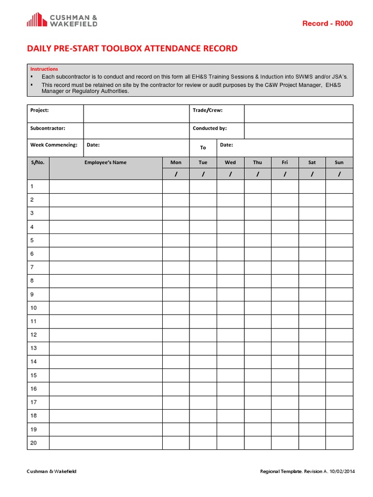 EH&S Record R000 - Daily Pre-Start Toolbox Attendance Record | PDF