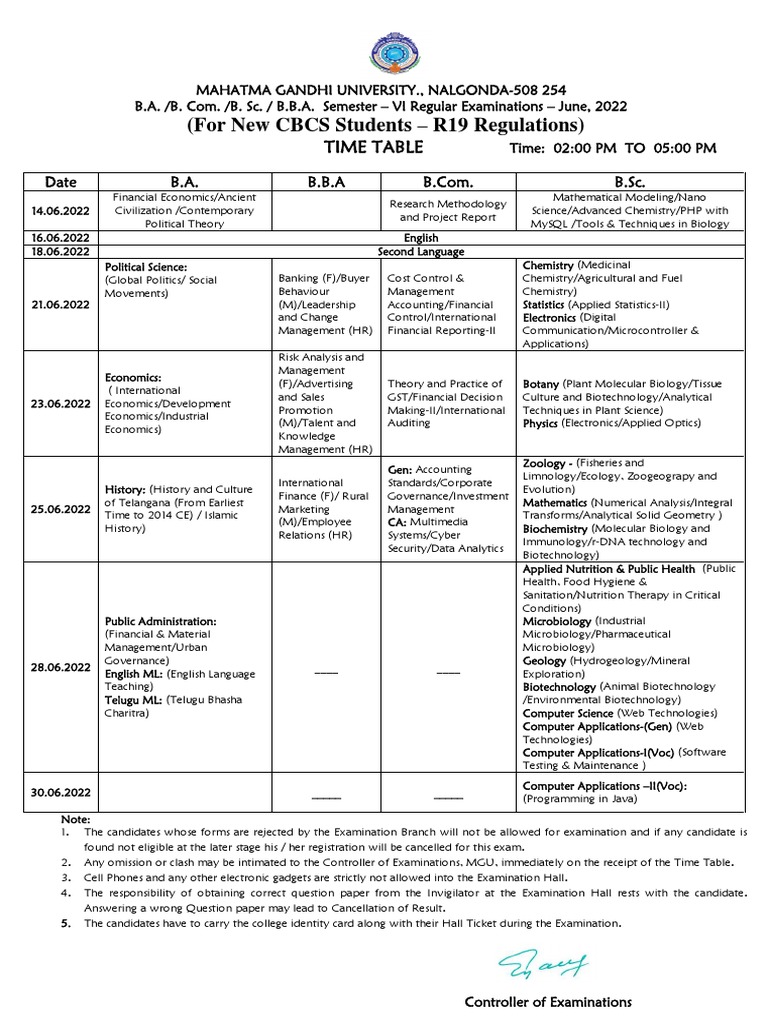 (For New CBCS Students - R19 Regulations) : Time Table | PDF ...