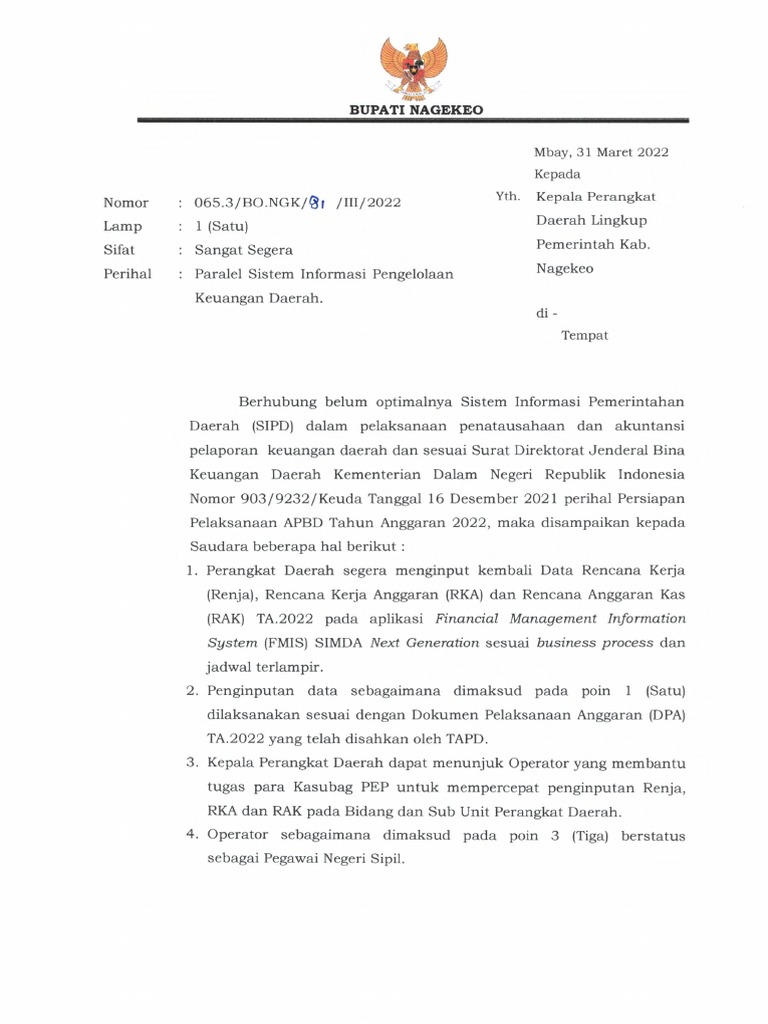 Surat Bupati Paralel SIPD SIMDA | PDF