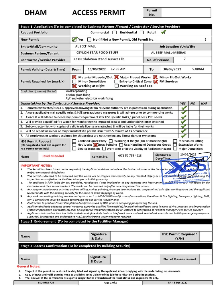 DHAM Access Permit Application Form | PDF | Safety | Occupational ...
