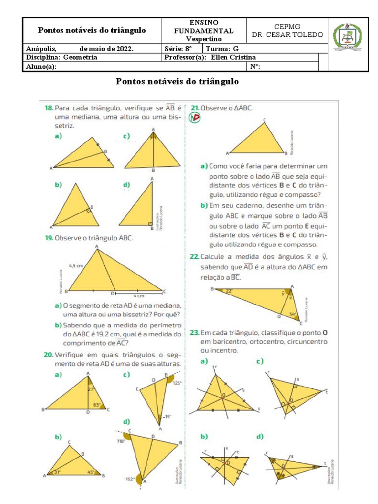 Atividade - Pontos notáveis de um triângulo | PDF