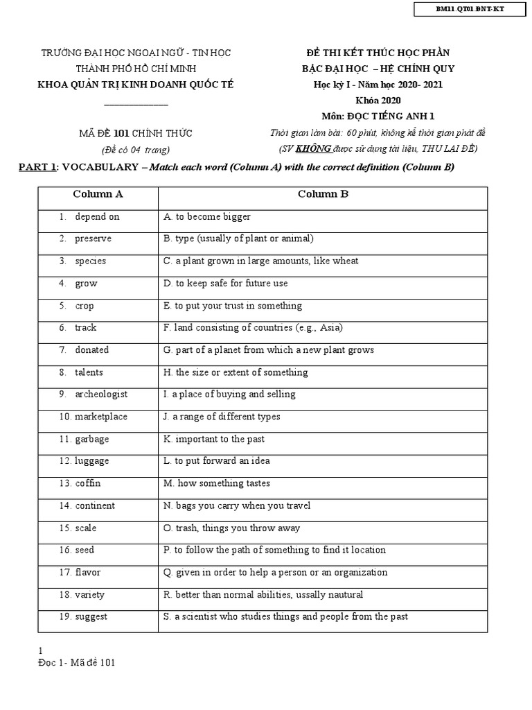 Vocabulary Matching Exam 101 | PDF