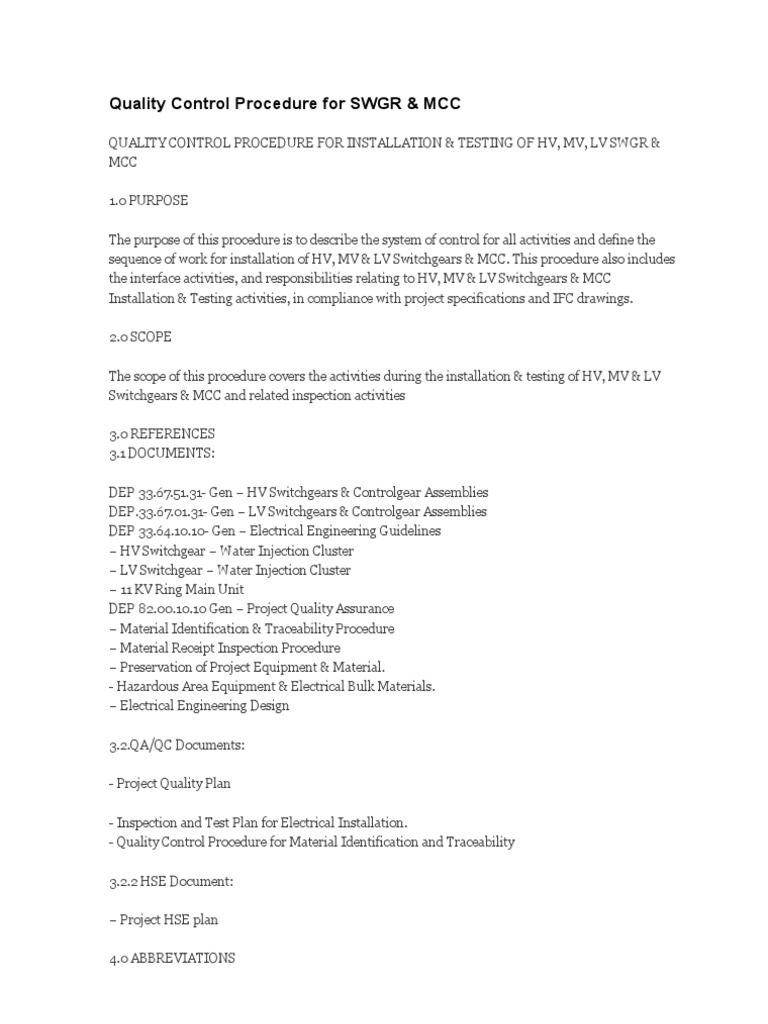 Quality Control Procedure For SWGR & MCC | PDF | Relay | Personal ...