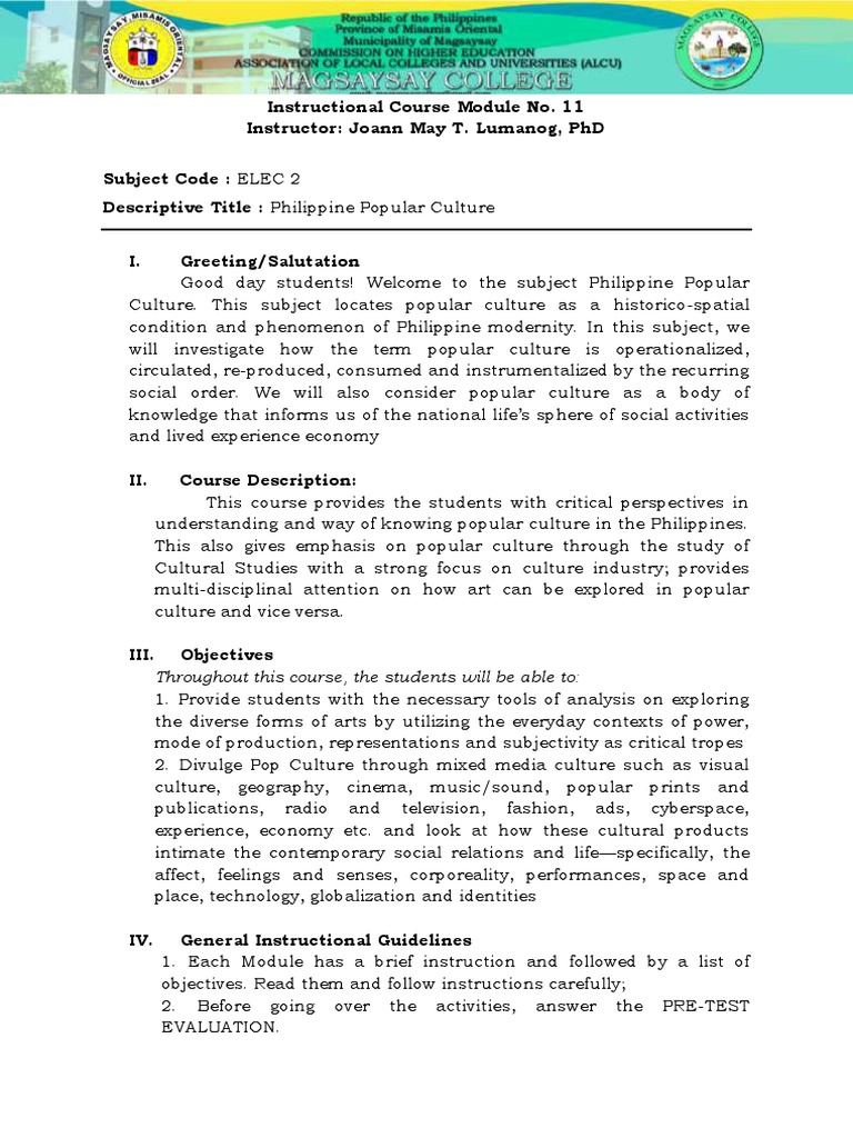 Philippine Popular Culture Course Module | PDF | Philippines | Popular ...
