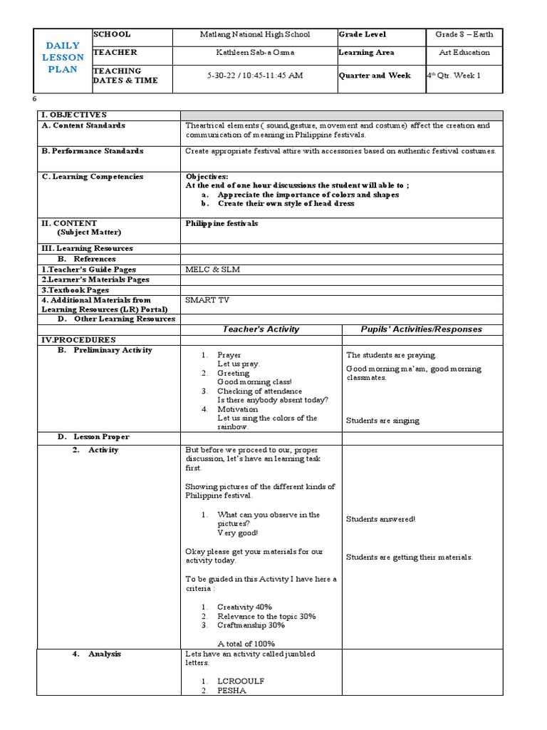 Daily Lesson Plan: Teacher's Activity Pupils' Activities/Responses | PDF | Teachers ...