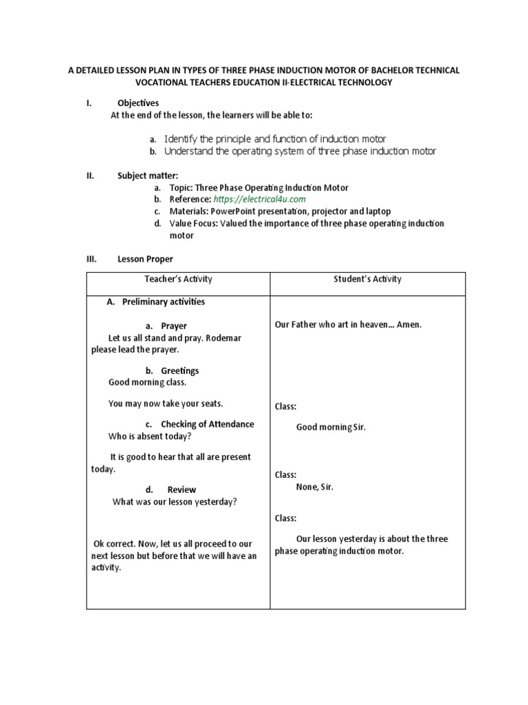 A Detailed Lesson Plan in Types of Three Phase Induction Motor | PDF