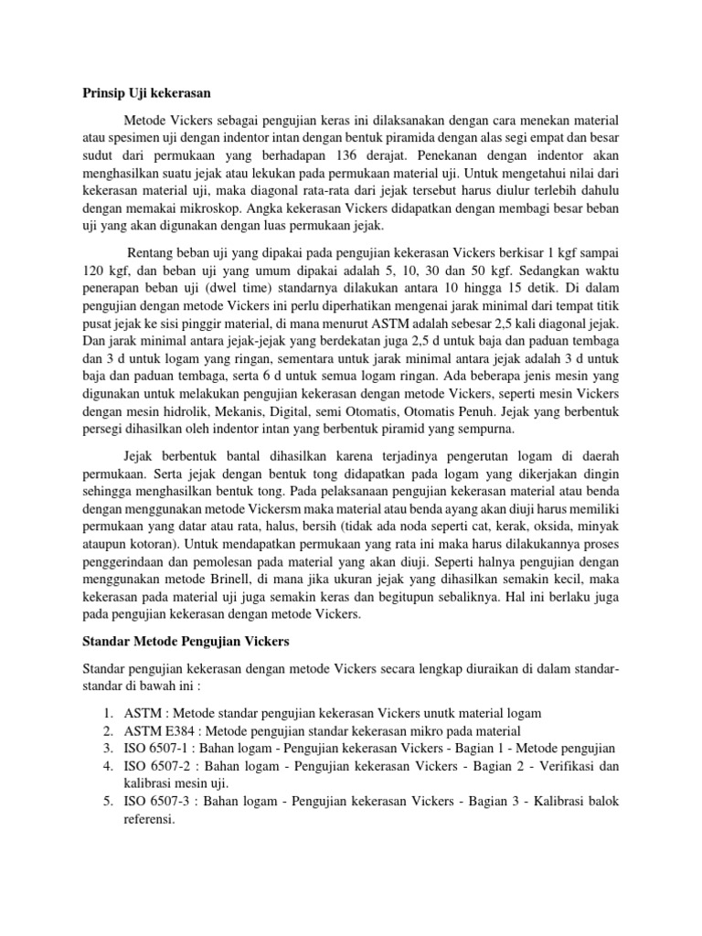 Uji Kekerasan Vickers: Metode & Standar | PDF