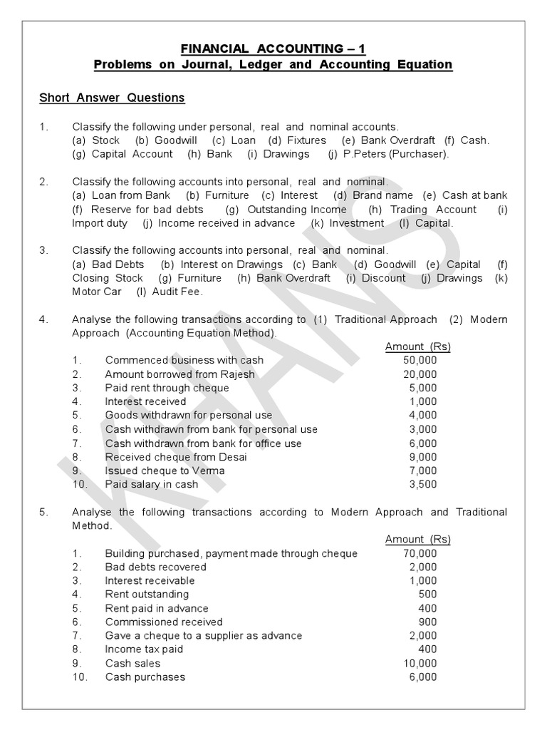 Problems On Journal, Ledger and Accounting Equation | PDF | Banks | Cheque
