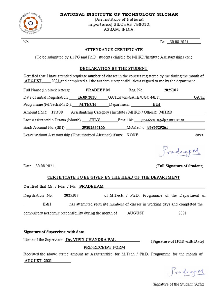 National Institute of Technology Silchar: Attendance Certificate | PDF