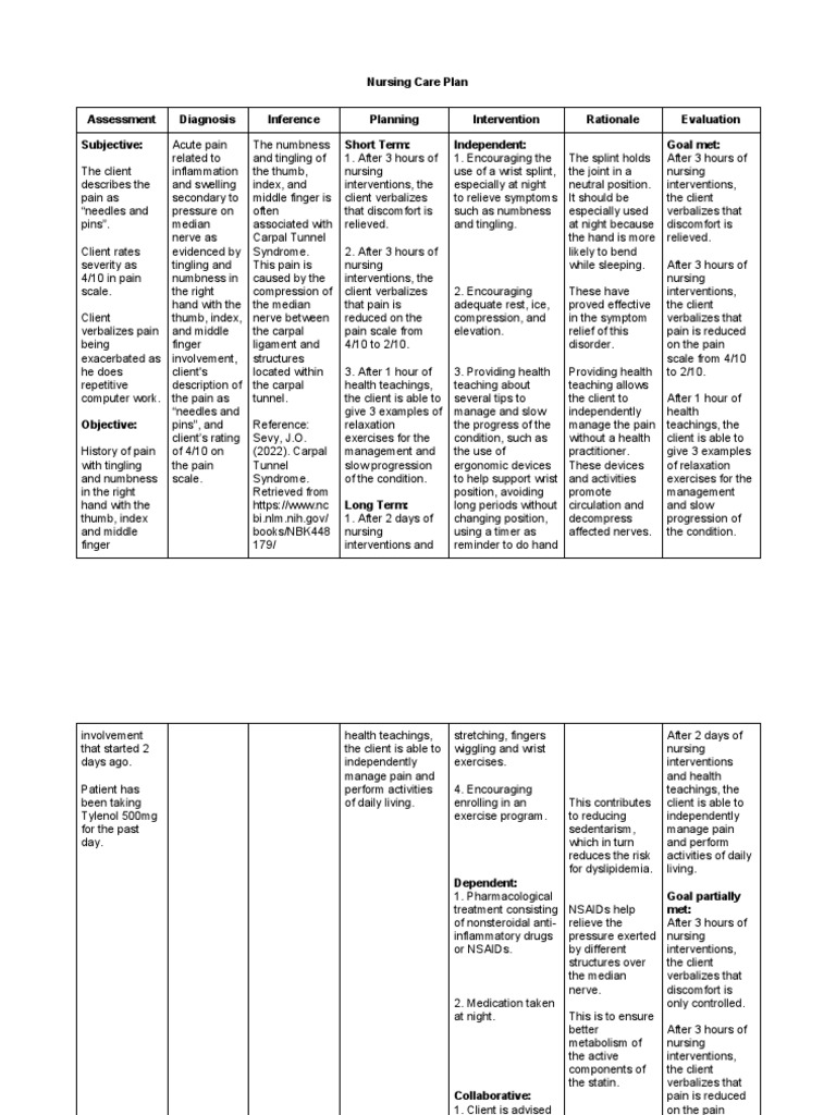 Nursing Care Plan Assessment Diagnosis Inference Planning Intervention Rationale Evaluation ...
