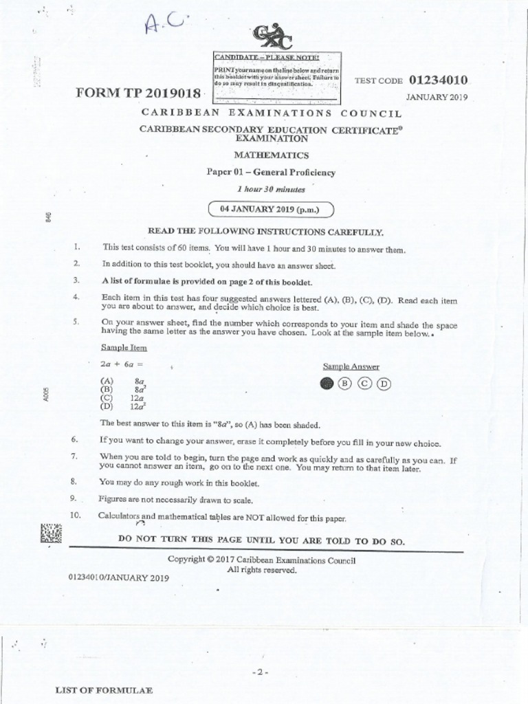 CSEC January 2019 Mathematics P1 | PDF
