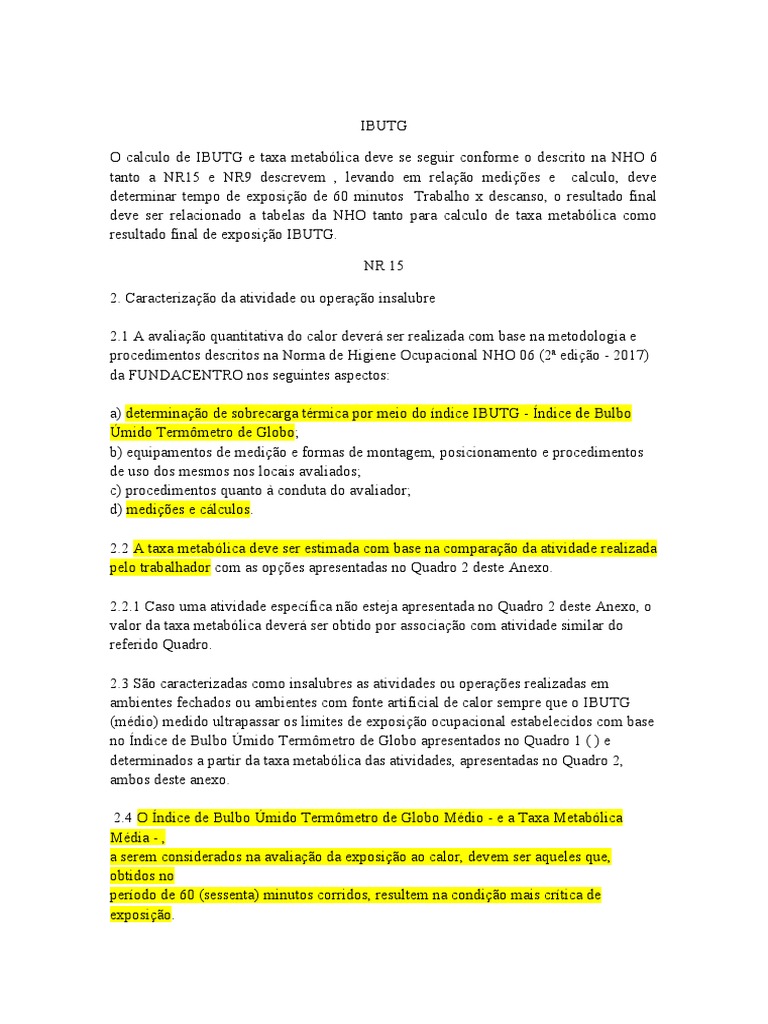 Cálculo de IBUTG e taxa metabólica segundo NHO 6 | PDF | Calor | Tempo