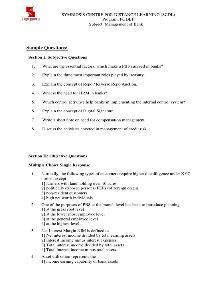 Sample Questions:: Section I: Subjective Questions | PDF | Banks ...
