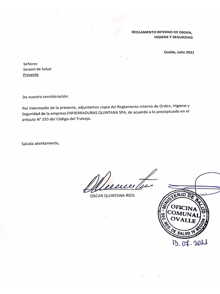 Carta Timbrada Seremi de Salud RIOHS | PDF