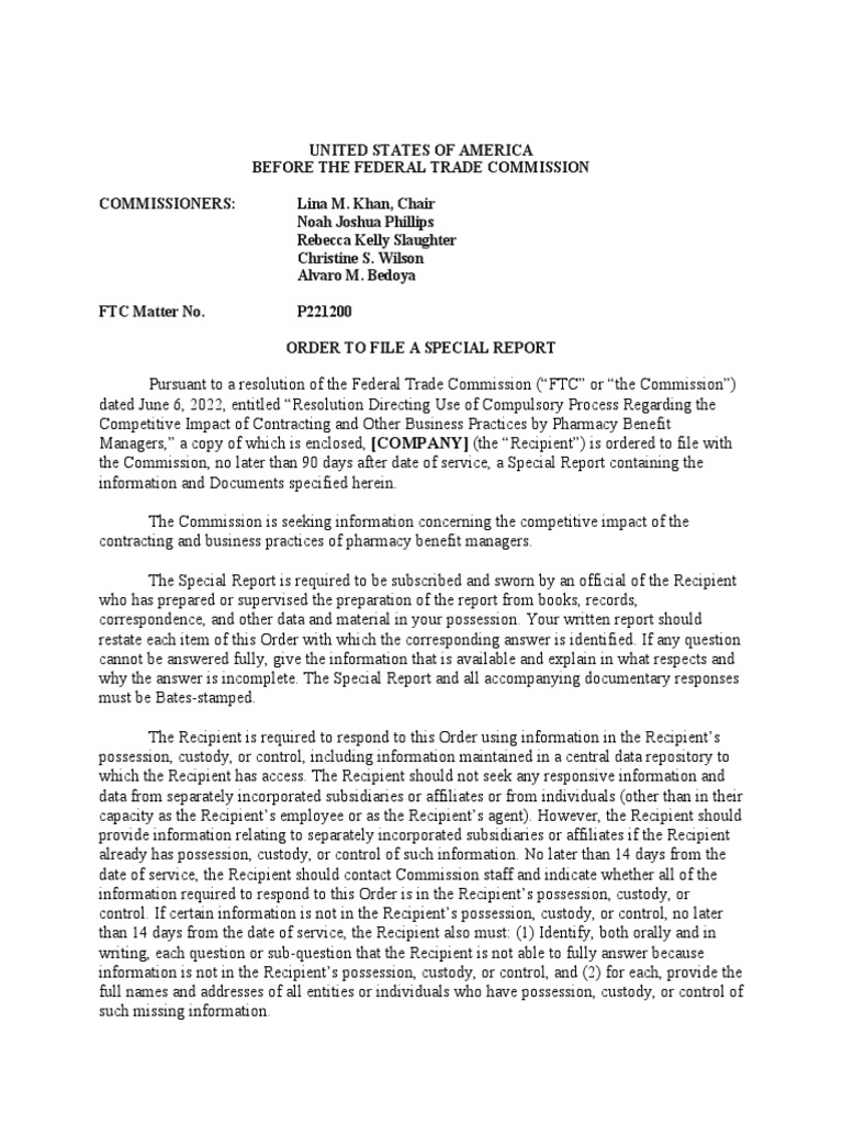 Federal Trade Commission PBM Model Order | PDF | Prescription Drugs ...
