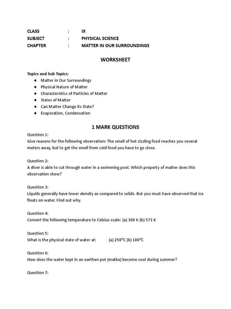 Class 9 Science: Matter Worksheet | PDF | Liquids | Gases