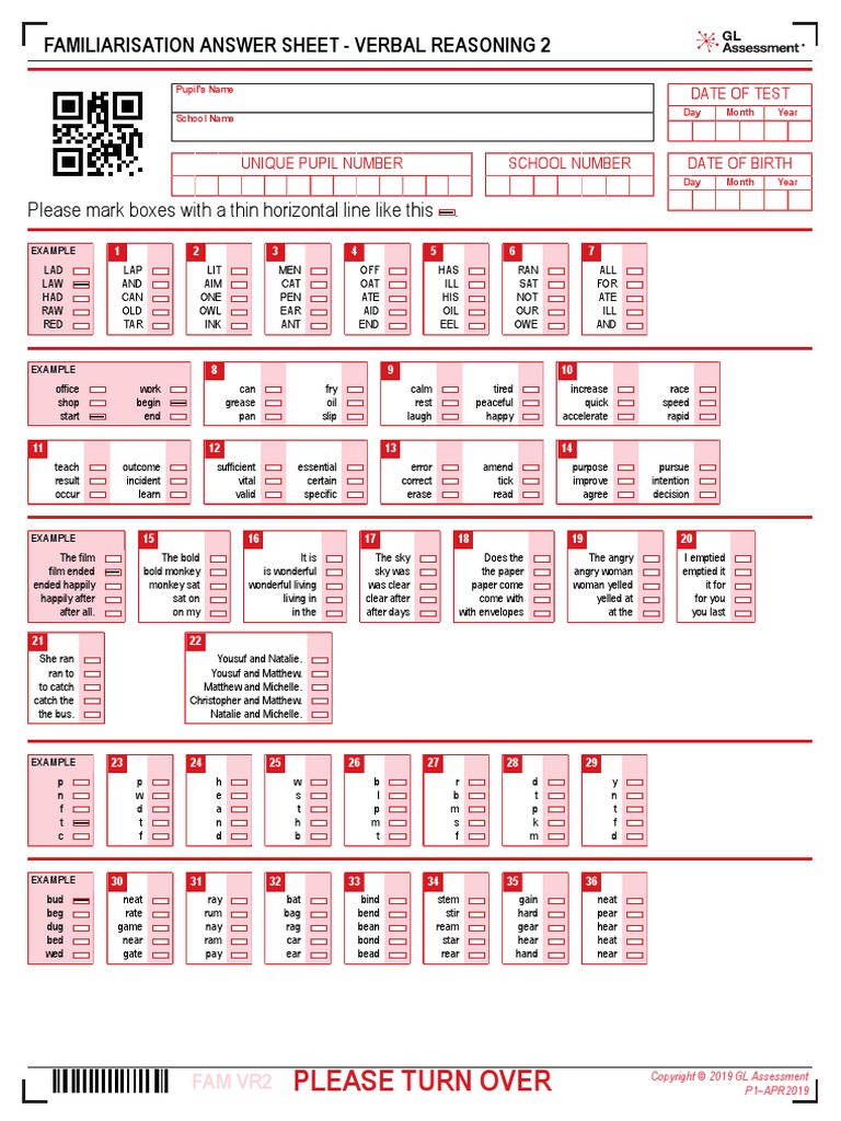 Verbal Reasoning 2 Answer Sheet | PDF