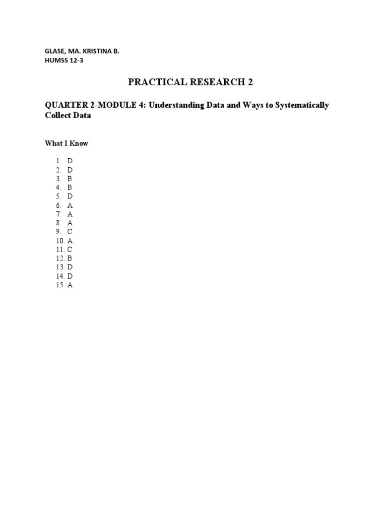 Practical Research 2: QUARTER 2-MODULE 4: Understanding Data and Ways To Systematically Collect ...