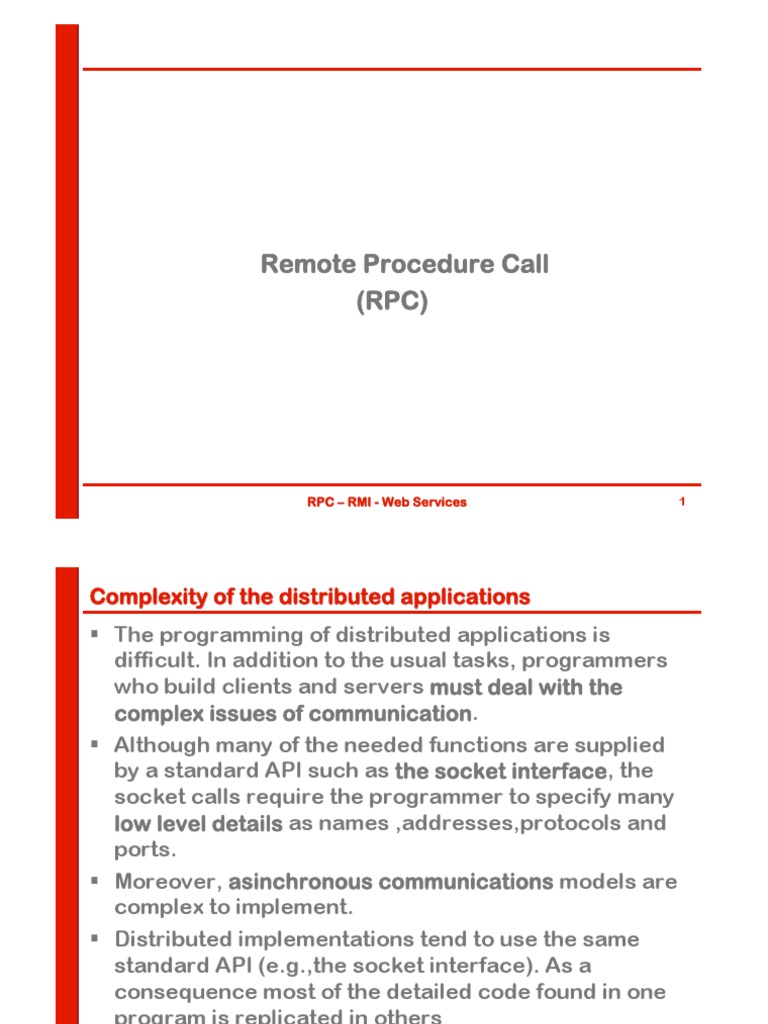 Remote Procedure Call (RPC) : 1 RPC - RMI - Web Services | PDF ... Remote Procedure Call (RPC) : 1 RPC - RMI - Web Services | PDF ...
