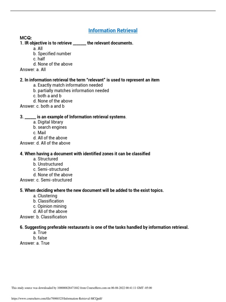 Information Retrieval MCQ PDF | Download Free PDF | Information Retrieval | Search Engine Indexing