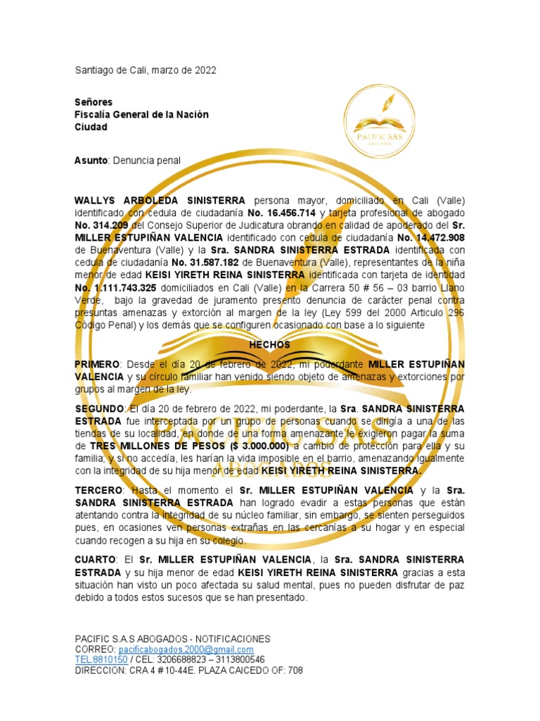 Denuncia Por Amenaza y Extorsion | PDF