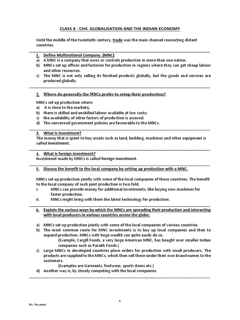 Class X - Ch4. Globalisation and The Indian Economy | PDF | Globalization | Multinational ...