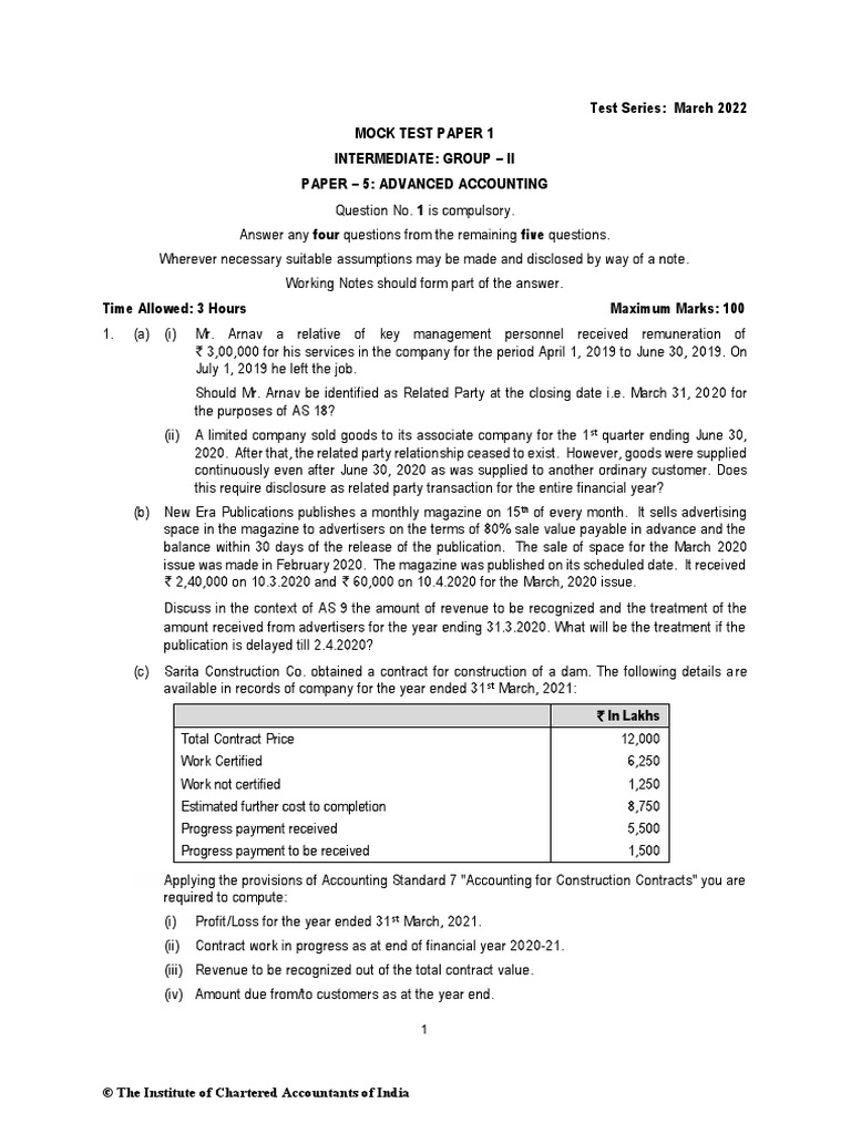 Test Series: March 2022 Mock Test Paper 1 Intermediate: Group - Ii ...