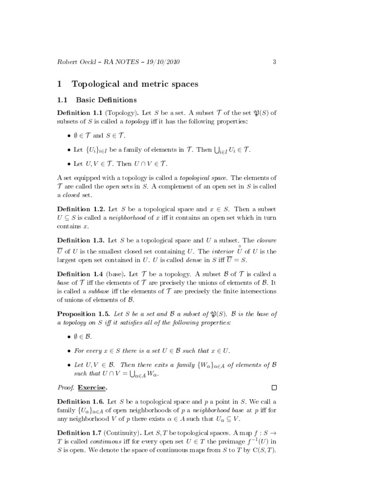 1 Topological and Metric Spaces: 1.1 Basic Denitions | PDF | Metric ...