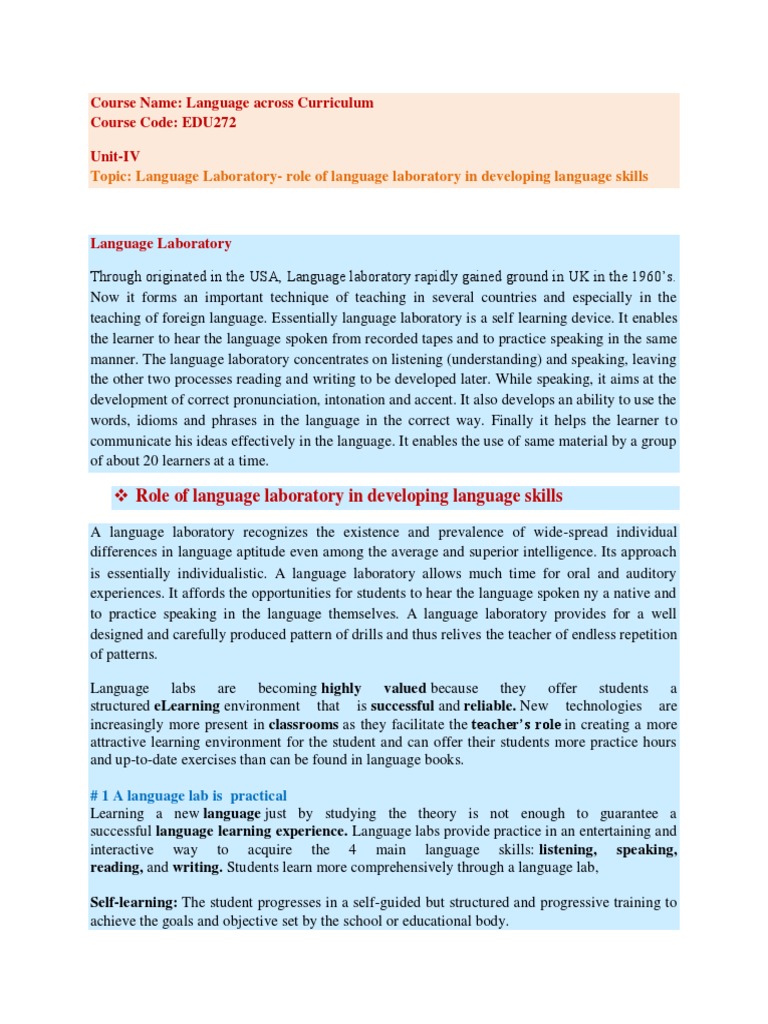 Role of Language Laboratory in Developing Language Skills | PDF ...