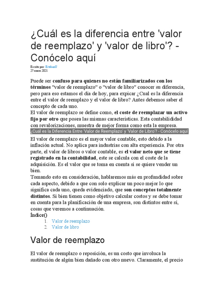 Diferencias entre Valor de Reemplazo y Libro | PDF | Contabilidad | Costo