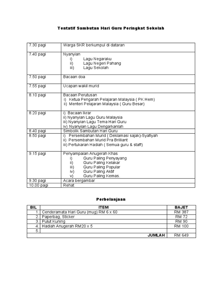 Tentatif Sambutan Hari Guru Peringkat Sekolah 22 | PDF