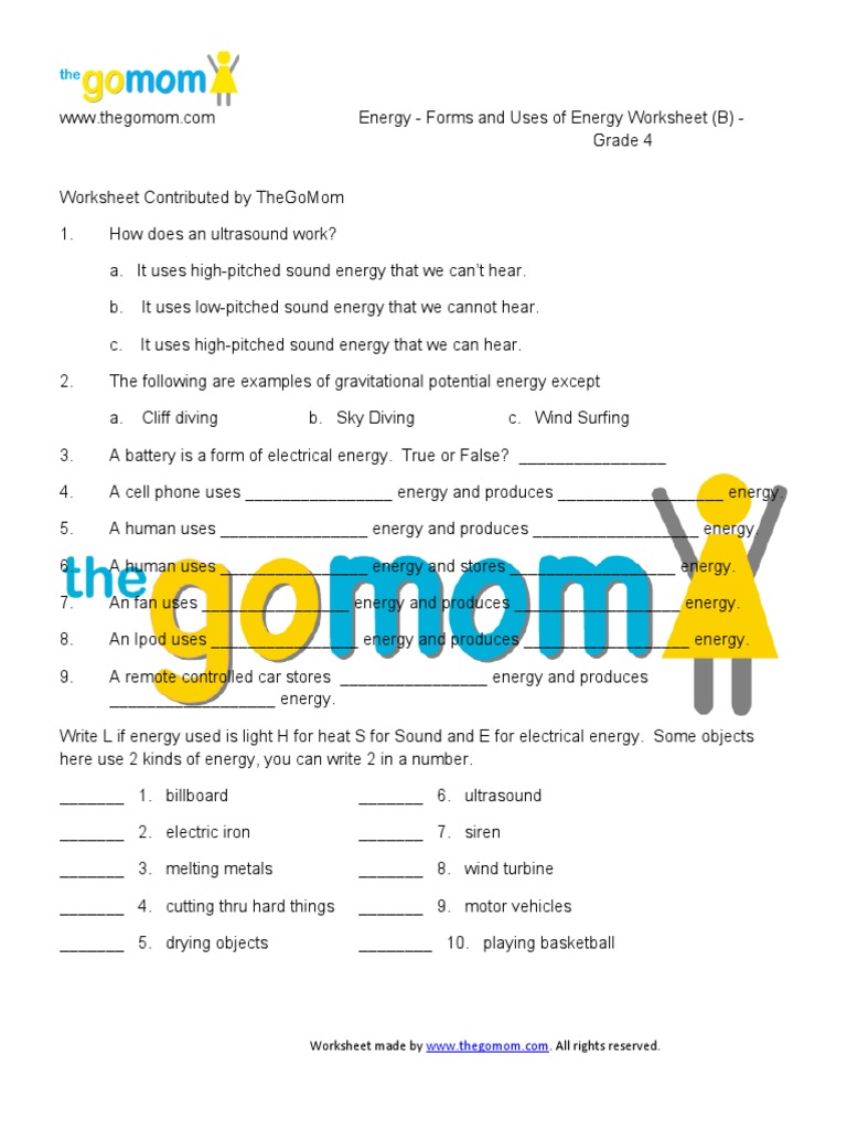 Grade 4 Energy Worksheet | PDF | Potential Energy | Physical Quantities