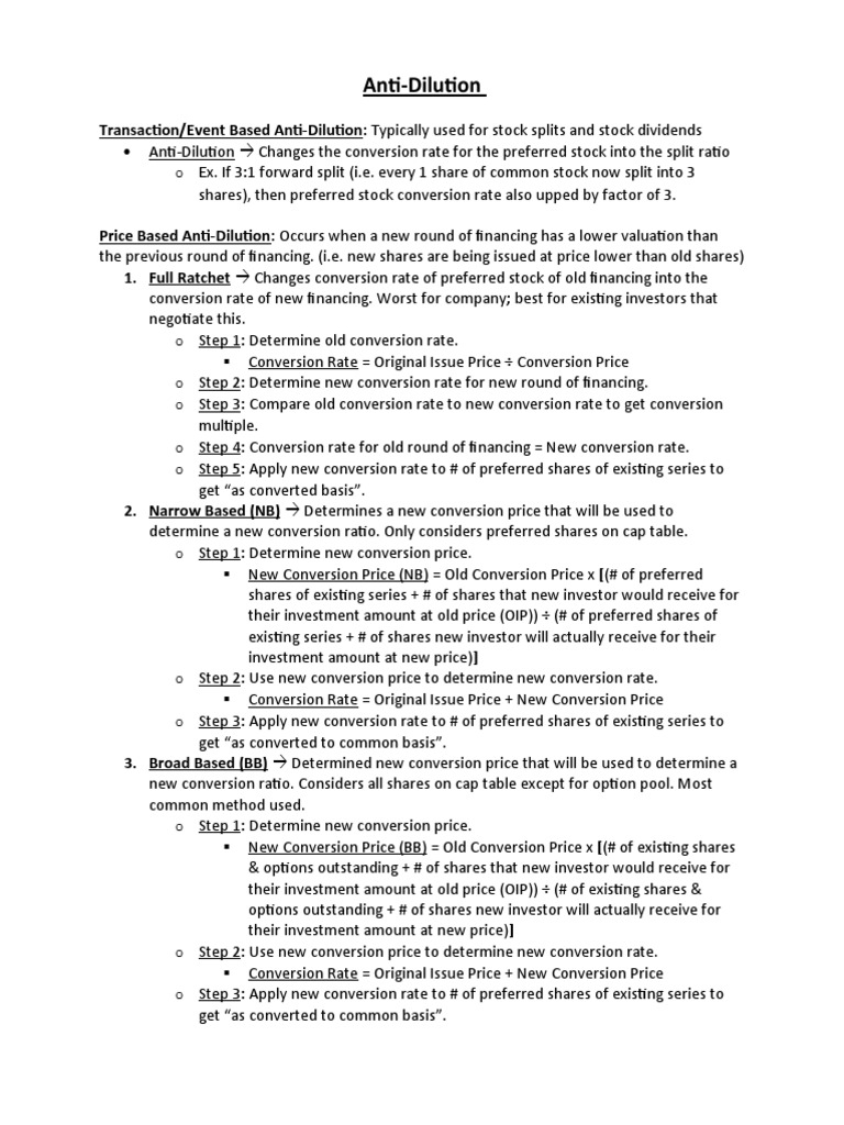 Anti-Dilution Cheat Sheet | PDF | Preferred Stock | Stocks
