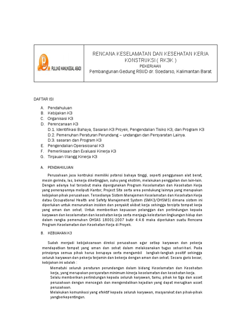 Rencana Keselamatan Dan Kesehatan Kerja Konstruksi (Rk3K) : Pembangunan ...