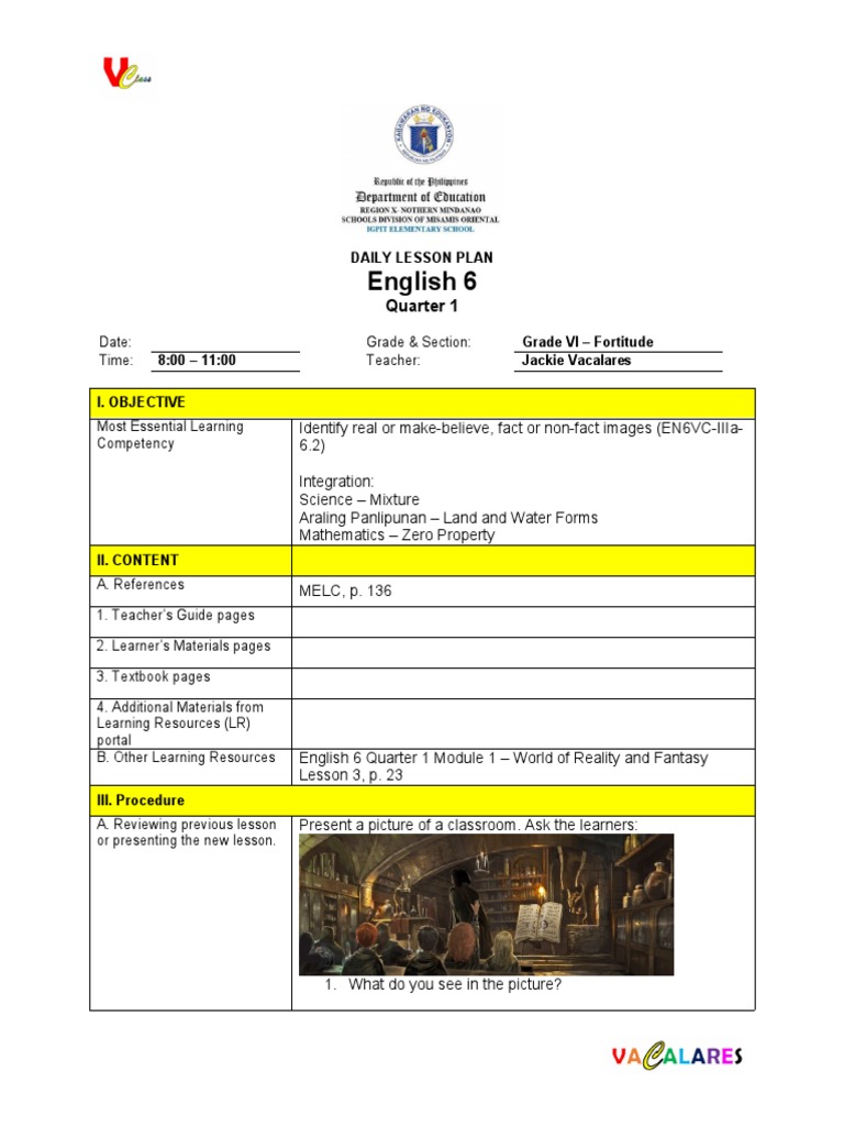 DLP - English 6 - Real Vs Make-Believe | Download Free PDF | Learning ...