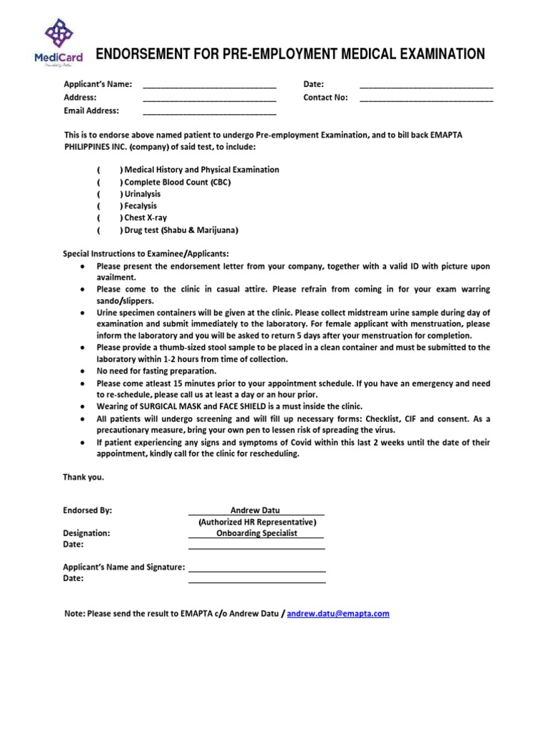 Endorsement Letter For PEME (EPI5 | PDF | Physical Examination | Health ...