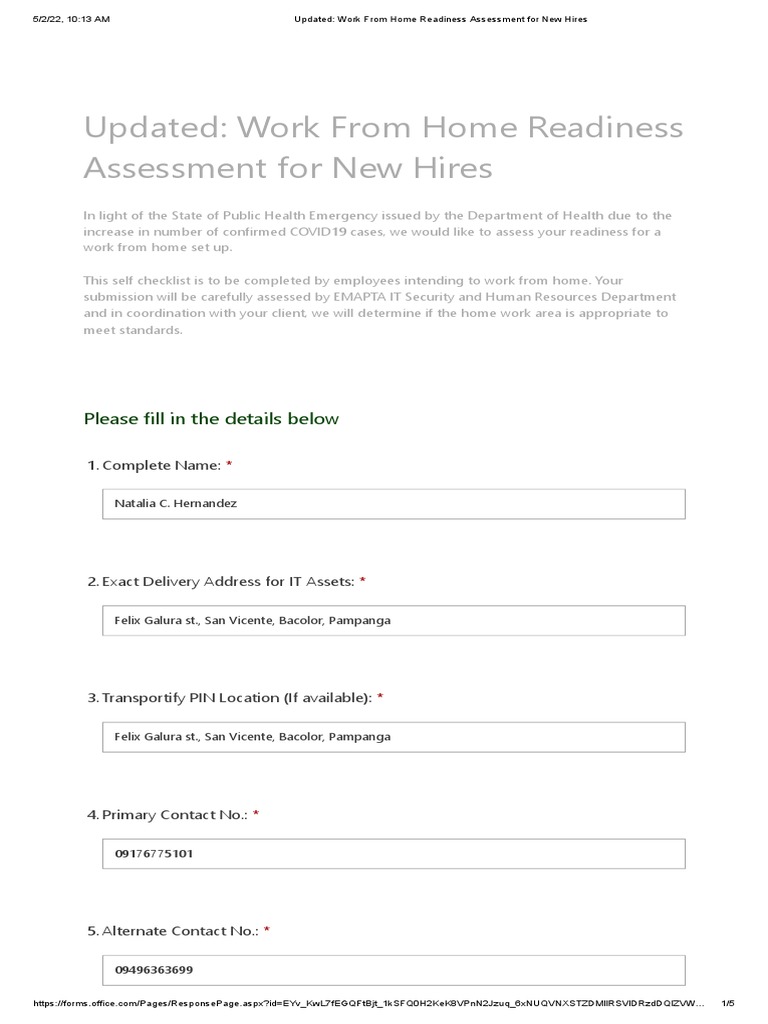 Updated - Work From Home Readiness Assessment For New Hires | PDF ...