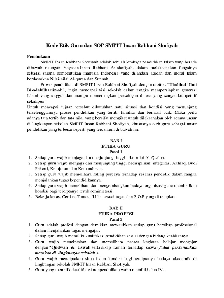 Kode Etik Guru Dan SOP SMPIT Insan Rabbani Shofiyah | PDF