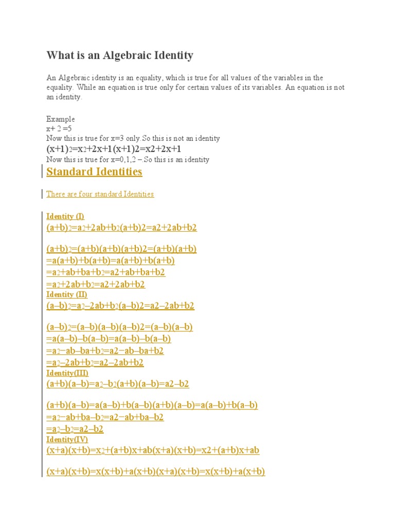 What Is An Algebraic Identity | PDF | Equations | Algebra