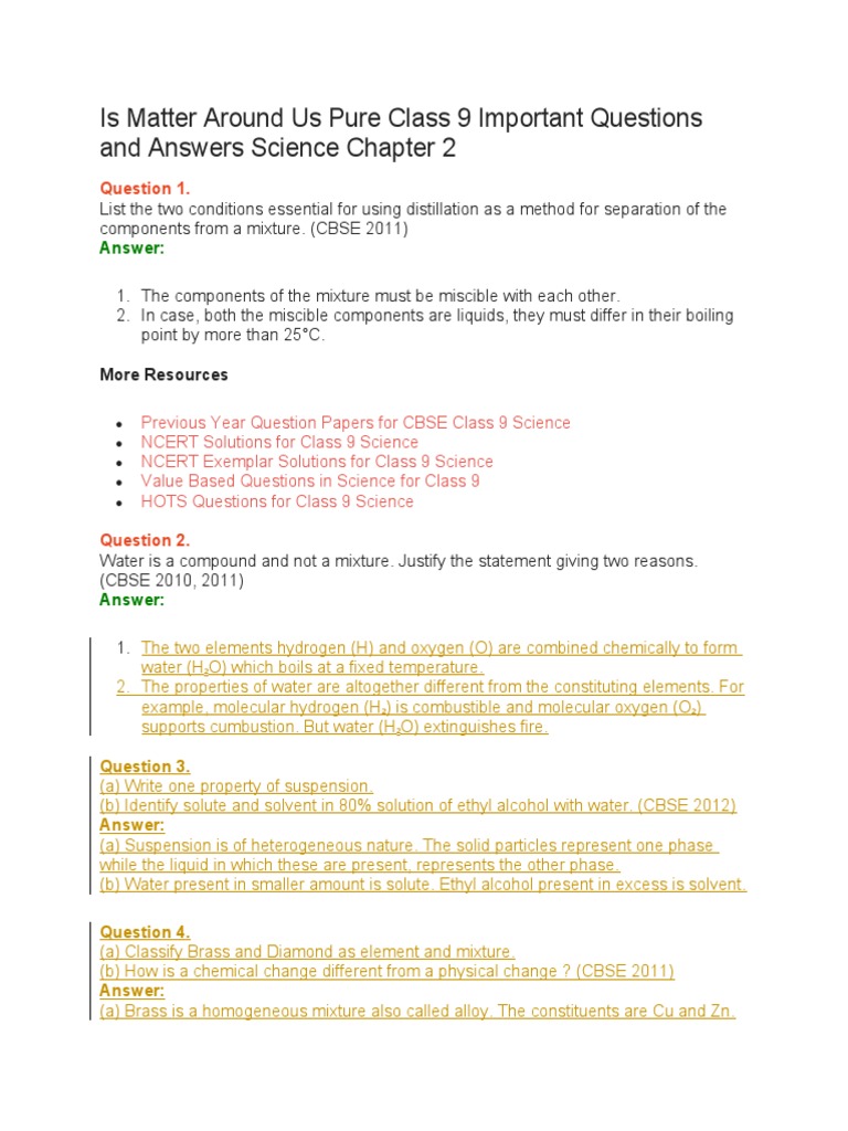 Is Matter Around Us Pure Class 9 Important Questions and Answers ...